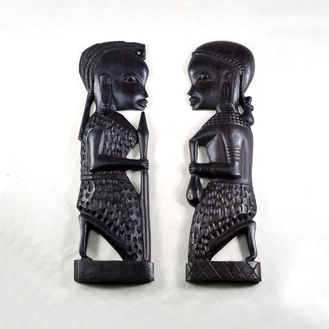Vintage Hand Carved Ironwood African Tribal Plaques: Male and Female ...
