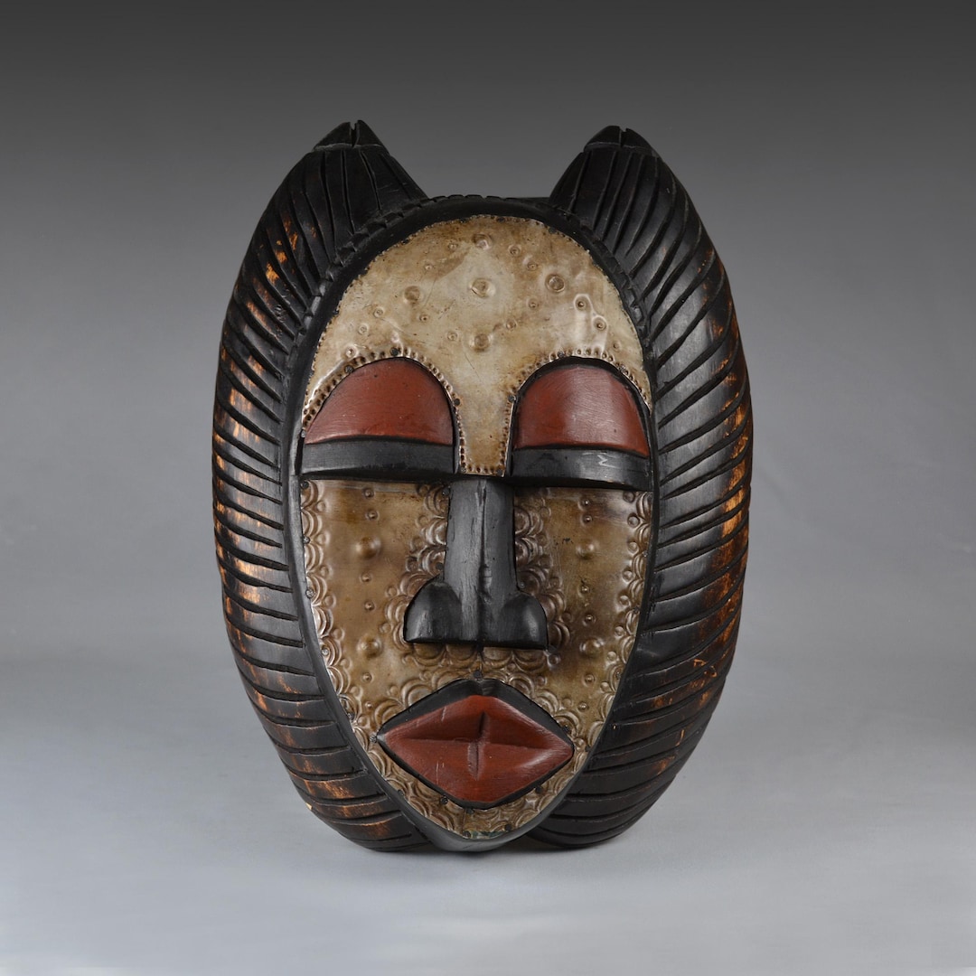 Vintage Handmade Wooden Ghanaian Mask With Metal Decor, African Tribal ...