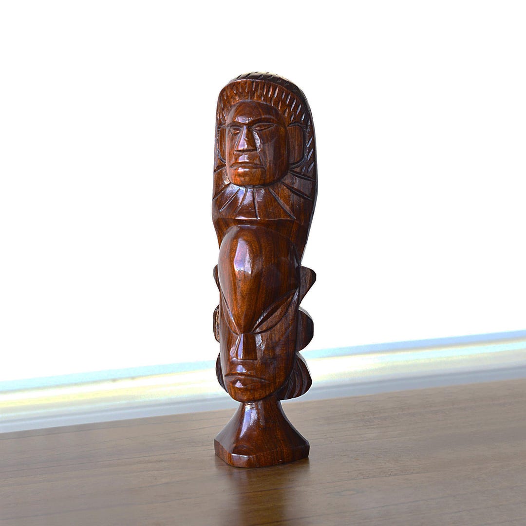 Vintage Fijian Hand Carved Hardwood Double Head Sculpture - Melanesian ...