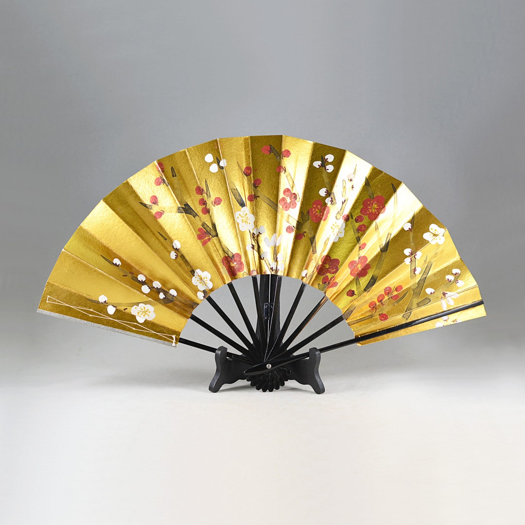 Vintage Japanese Traditional Style Folding Hand Fan With Wooden Holder ...