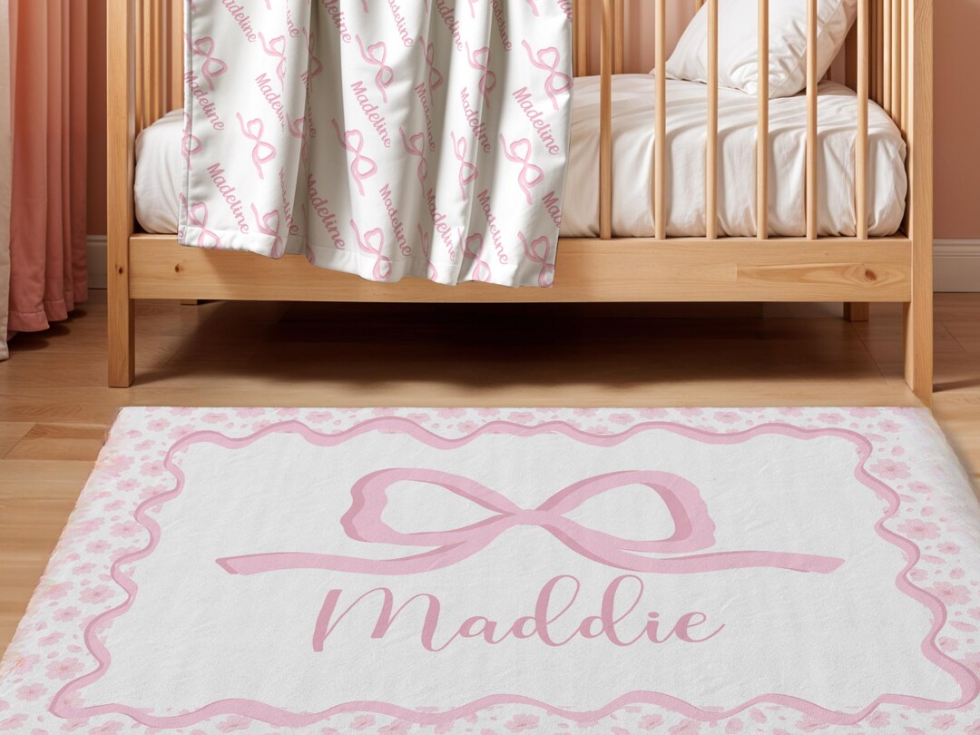 Nursery Decor, Baby Girl Area Rug, Pink Bow Name Blanket Pink Bow Rug ...