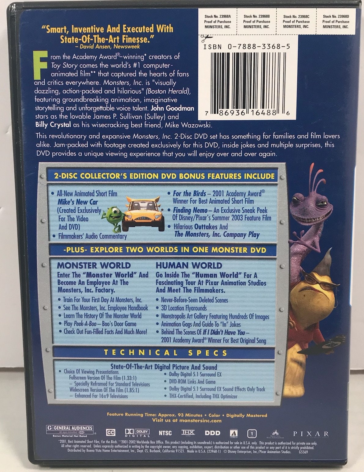 Vintage Disney Pixar Monsters Inc Collectors Edition 2 Disc DVD With ...