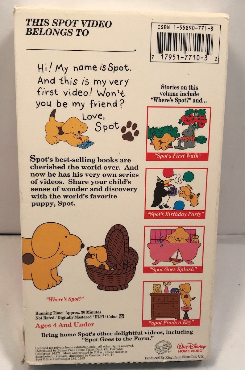 Vintage Where's Spot First Production VHS Tape Walt Disney Video With ...