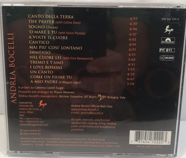 Vintage Andrea Bocelli Sogno First Pressing CD Polydor Records Near ...