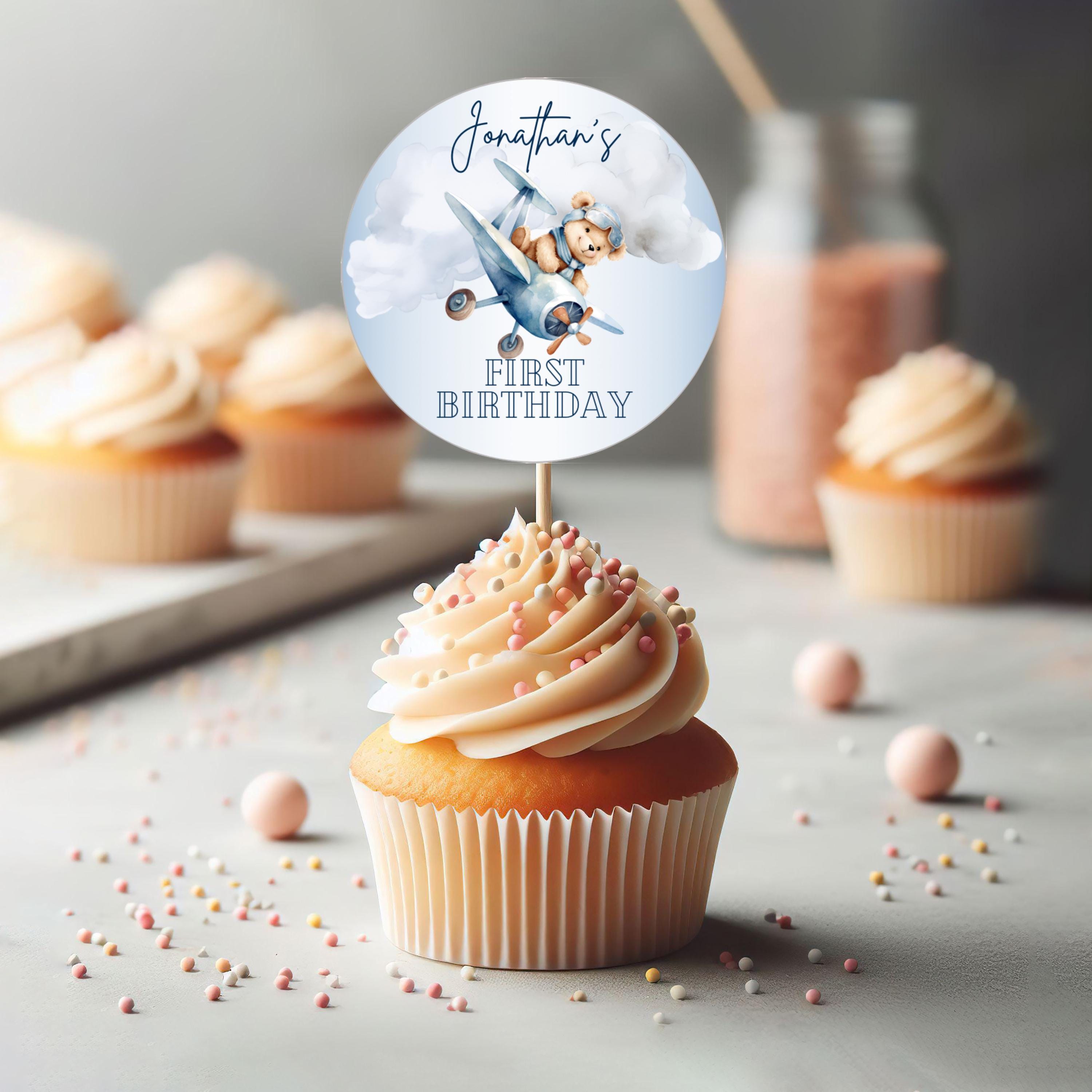 Editable Cupcake Toppers Template Printable Blue Airplane Decoration ...