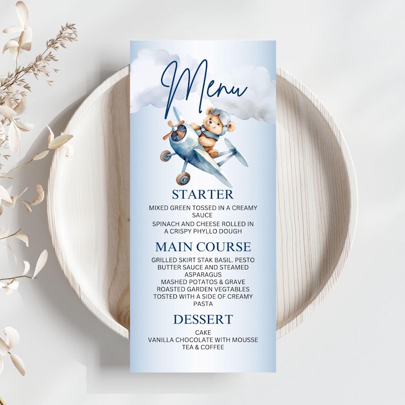 Editable Blue Airplane Menu Template Printable Baby Shower Dinner Menu ...