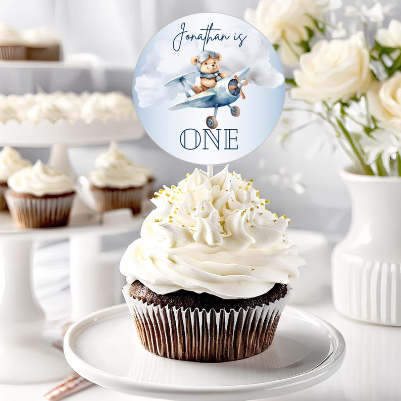Editable Cupcake Toppers Template Printable Blue Airplane Decoration ...