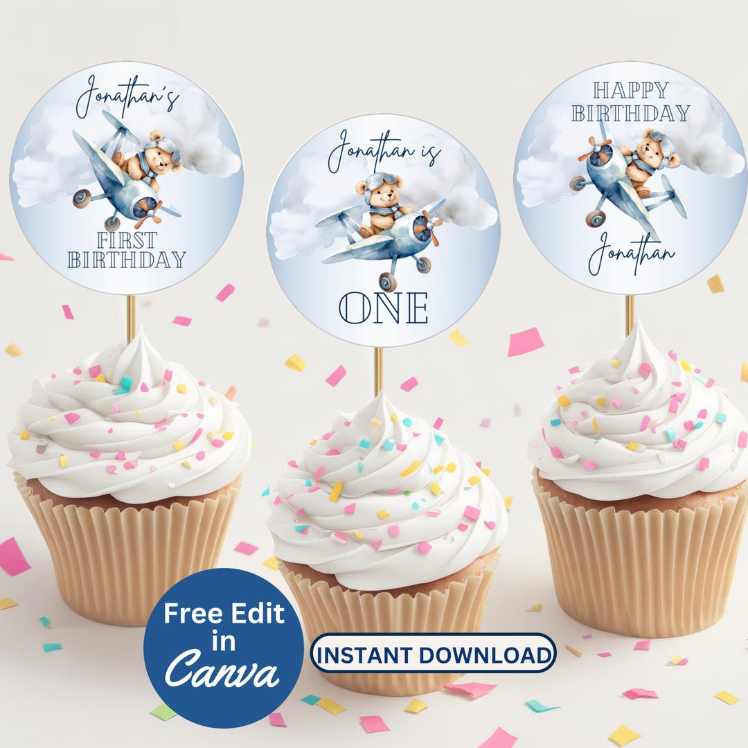 Editable Cupcake Toppers Template Printable Blue Airplane Decoration ...