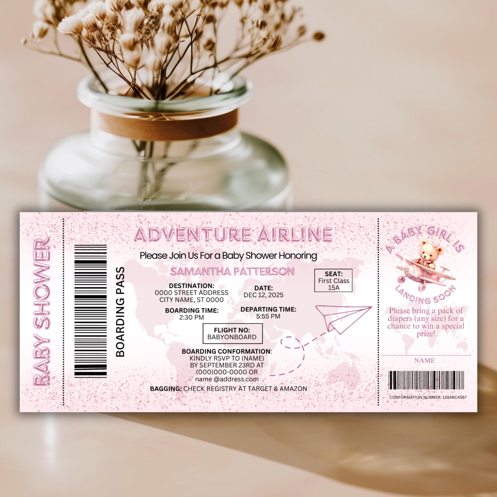 Editable Boarding Pass Template Printable Baby Shower Invitation Diaper ...