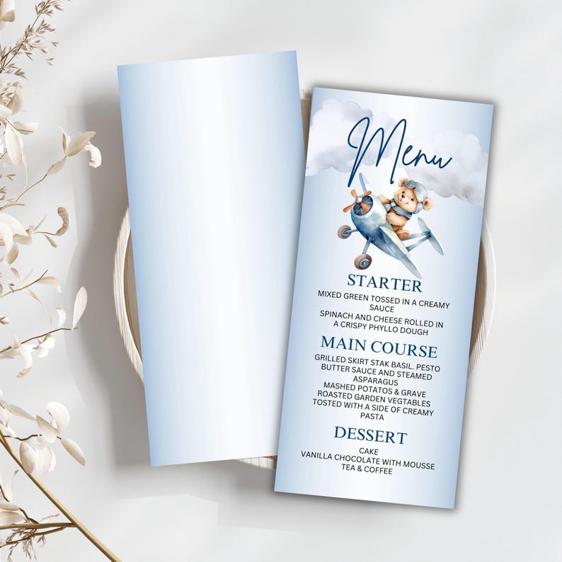 Editable Blue Airplane Menu Template Printable Baby Shower Dinner Menu ...