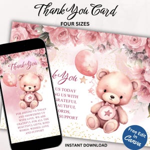 Editable Thank You Card Template Printable Pink Baby Shower Note Mobile ...