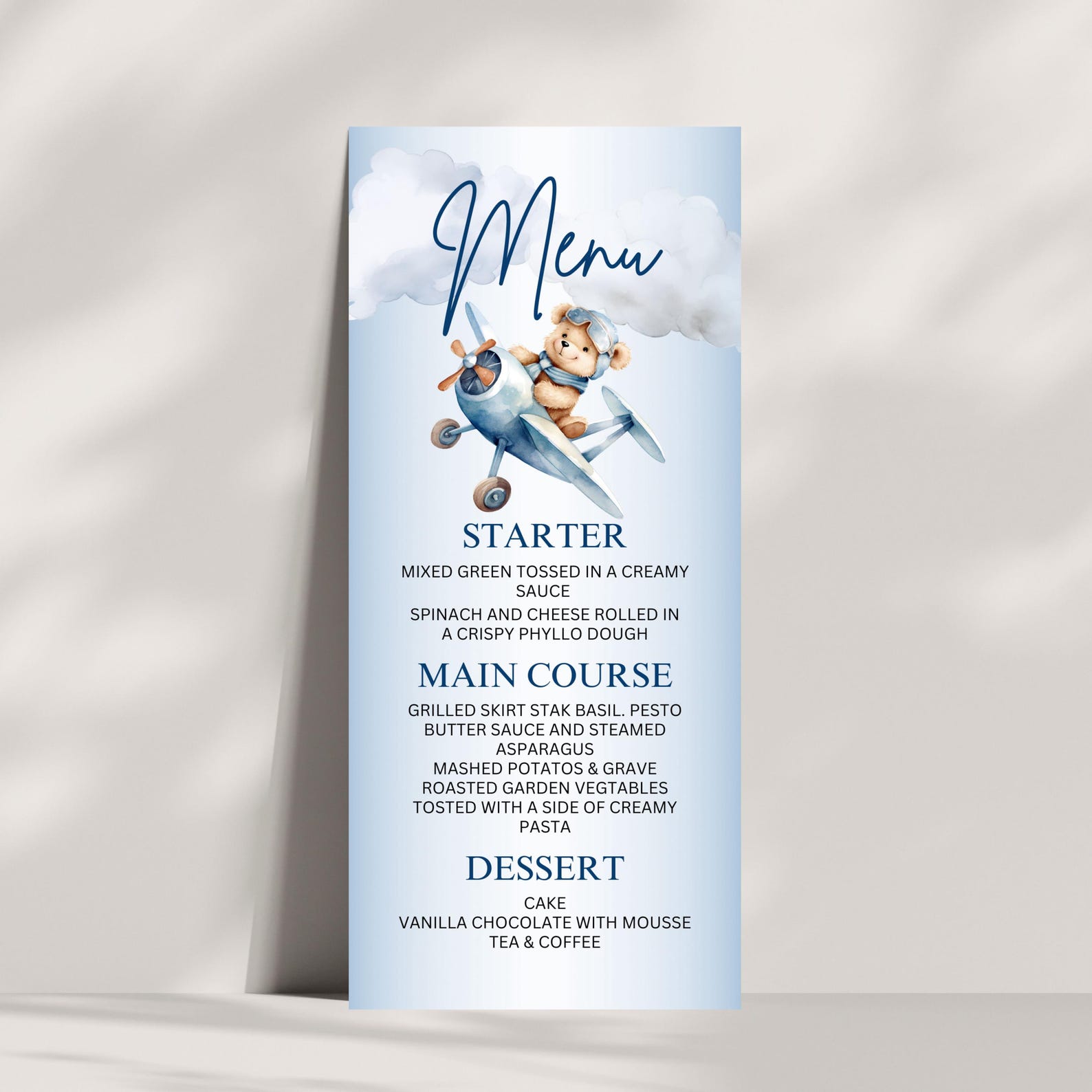 Editable Blue Airplane Menu Template Printable Baby Shower Dinner Menu ...