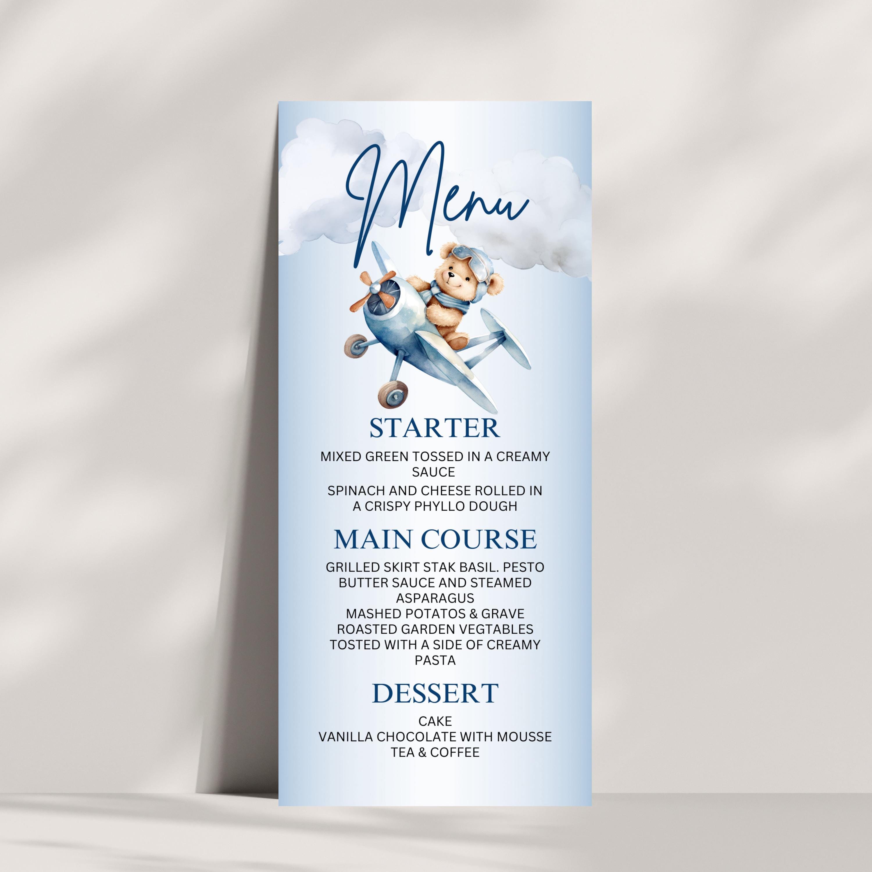Editable Blue Airplane Menu Template Printable Baby Shower Dinner Menu ...