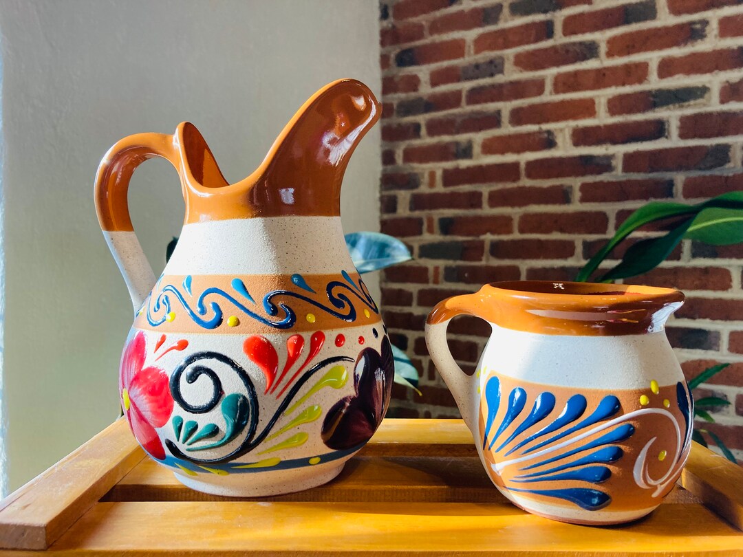 JUG and 2 MUGS Mexican Clay, Mexican Clay Mug, HAND Painted Mexican Cup ...