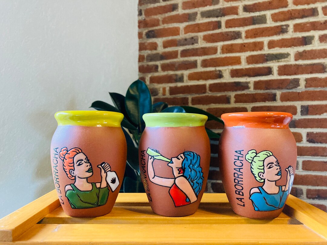 4 Mexican Lottery Cups LA Borracha-copa Cantarito Clay Copa Jarrito ...