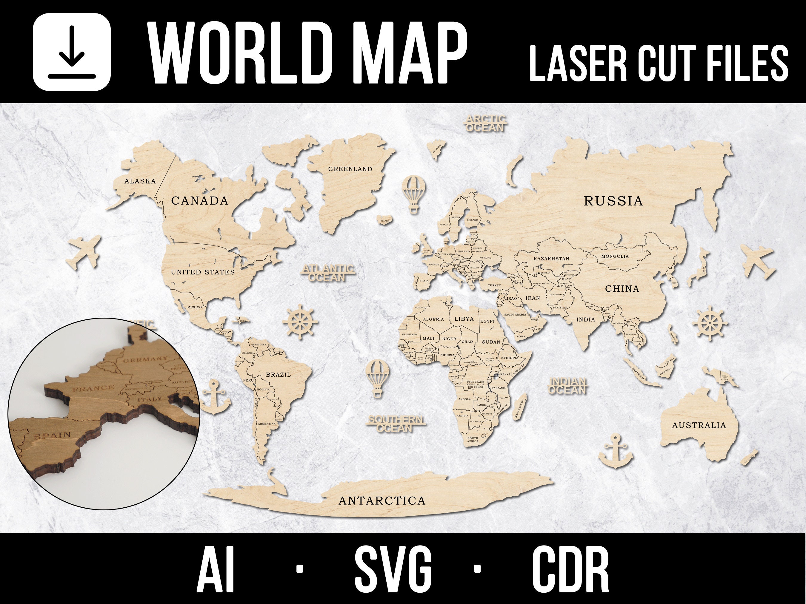 Laser Cut World Map Digital File World Map Template SVG - Etsy UK
