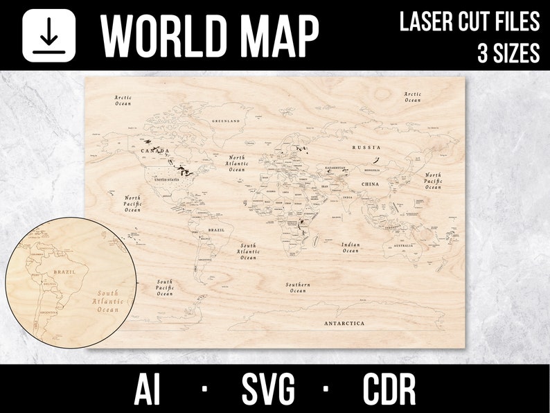 Laser Cut World Map Digital File, World Map Template, SVG World Map ...