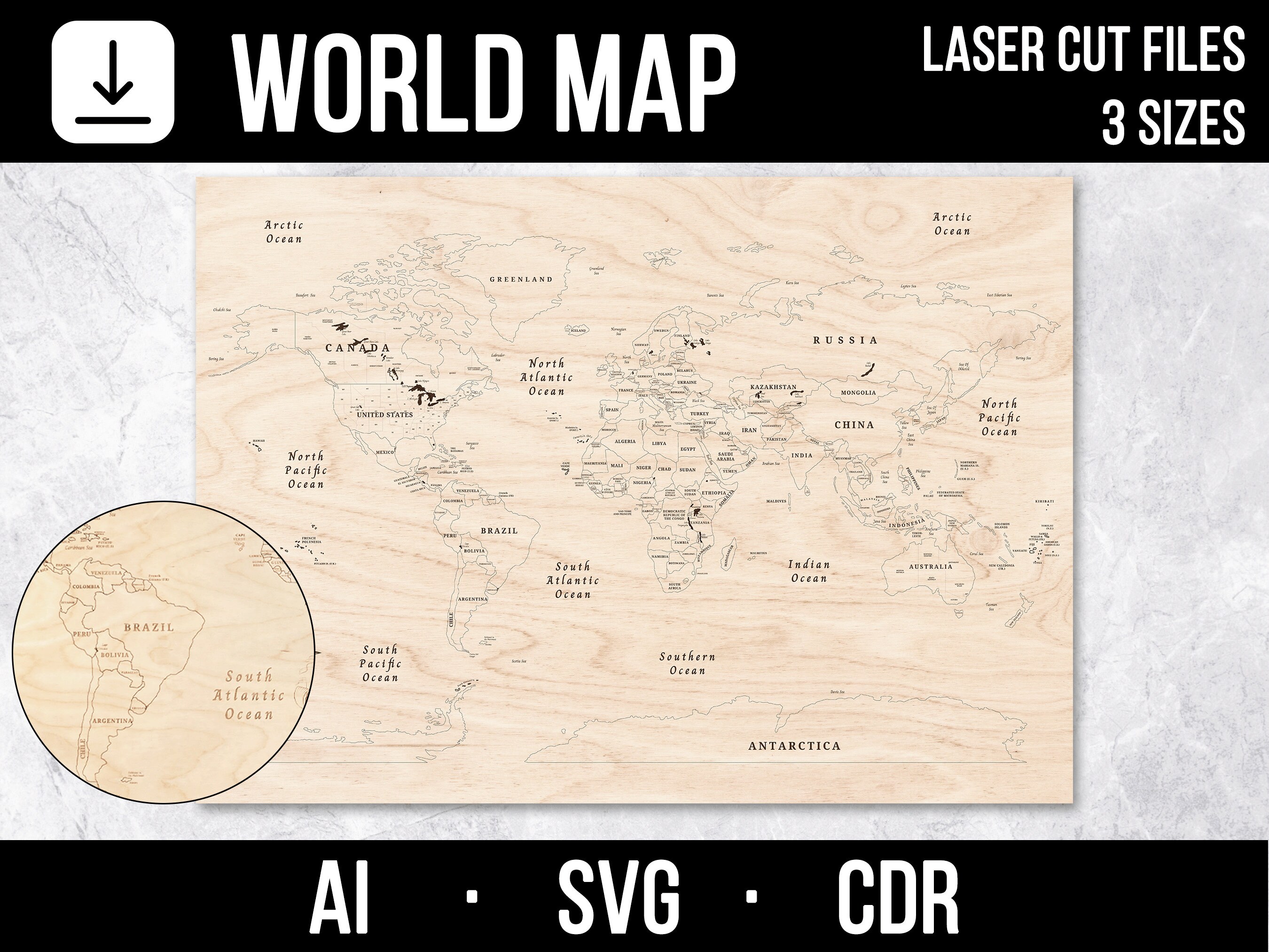 Laser Cut World Map Digital File, World Map Template, SVG World Map ...