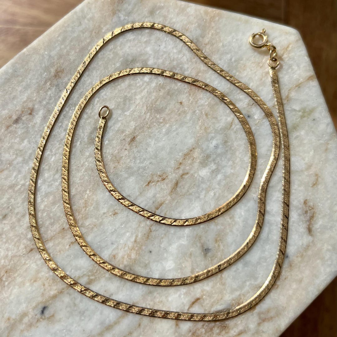 Vintage 14K Solid Yellow Gold Slim Herringbone Necklace 20" Long, 2 Mm ...