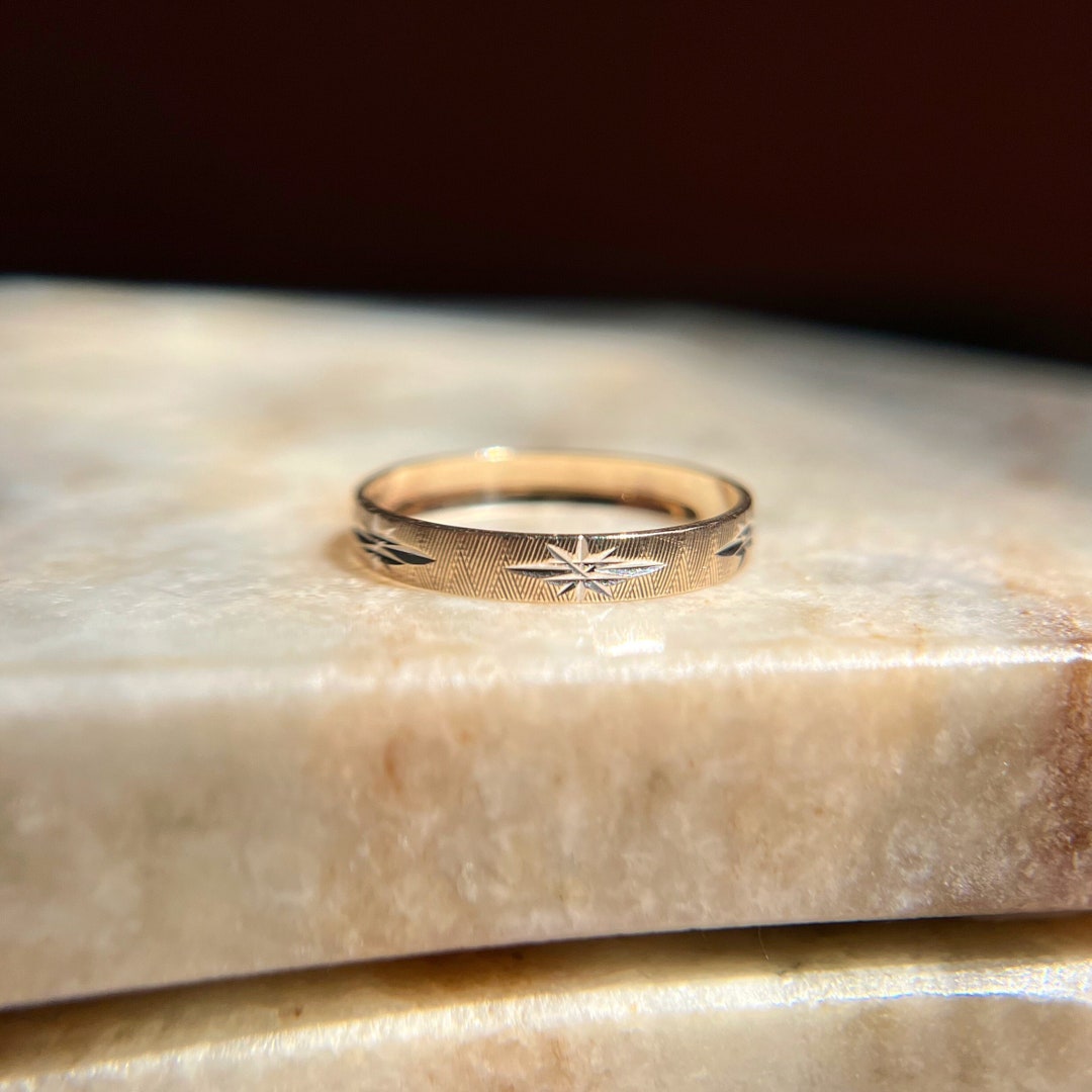 Vintage Solid 10K Yellow White Gold Star Band, Size 6 3/4 6.75 / Estate ...