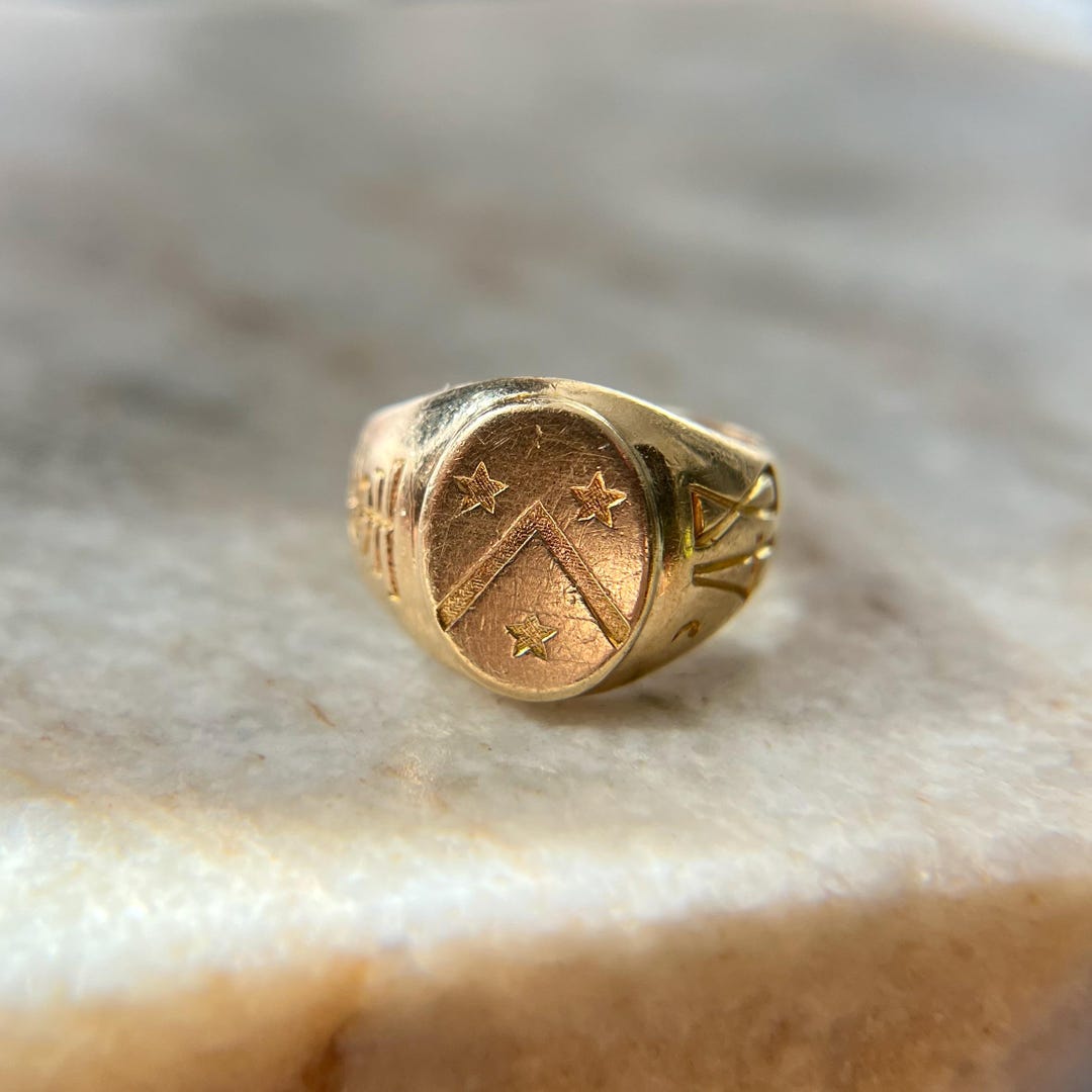 1948 Vintage Solid 14K Yellow Gold Starry Class Ring, Size 3.25 3.5 3 1 ...