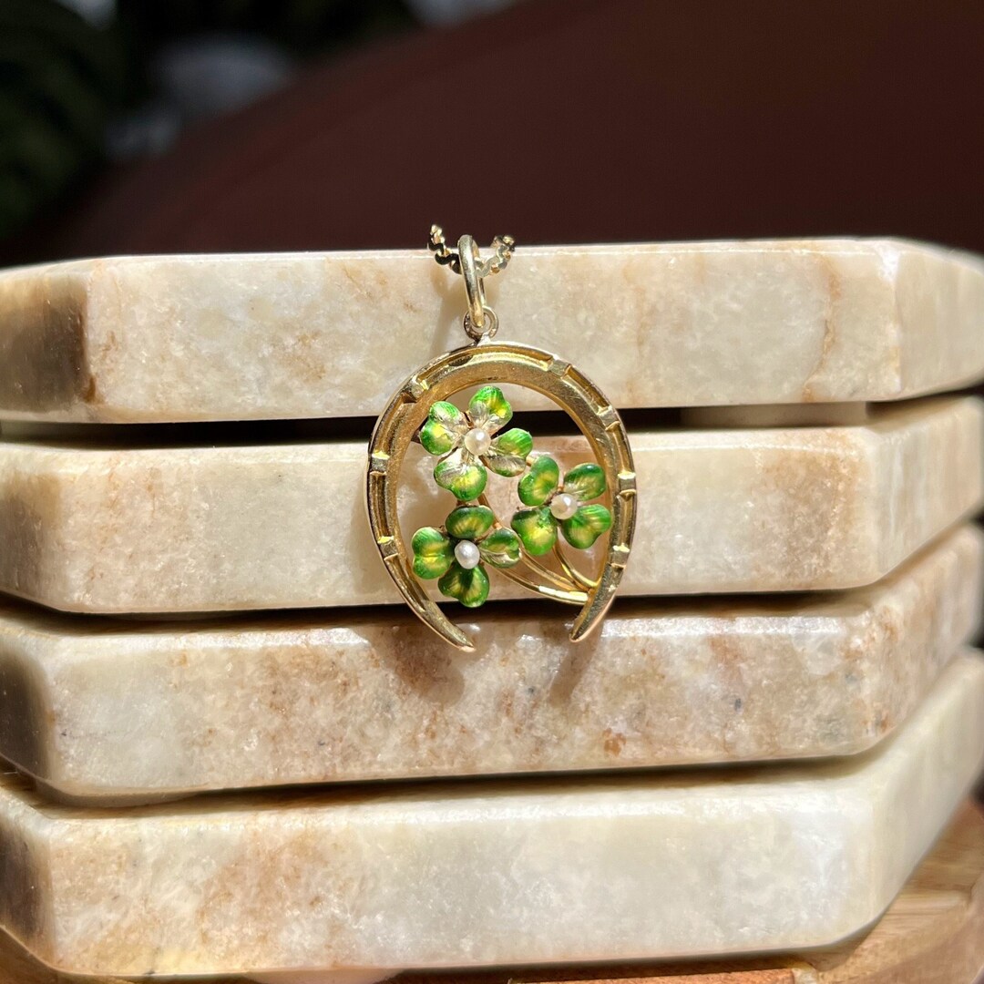 Art Nouveau 10K Solid Yellow Gold Horseshoe Clover Enamel Pendant ...