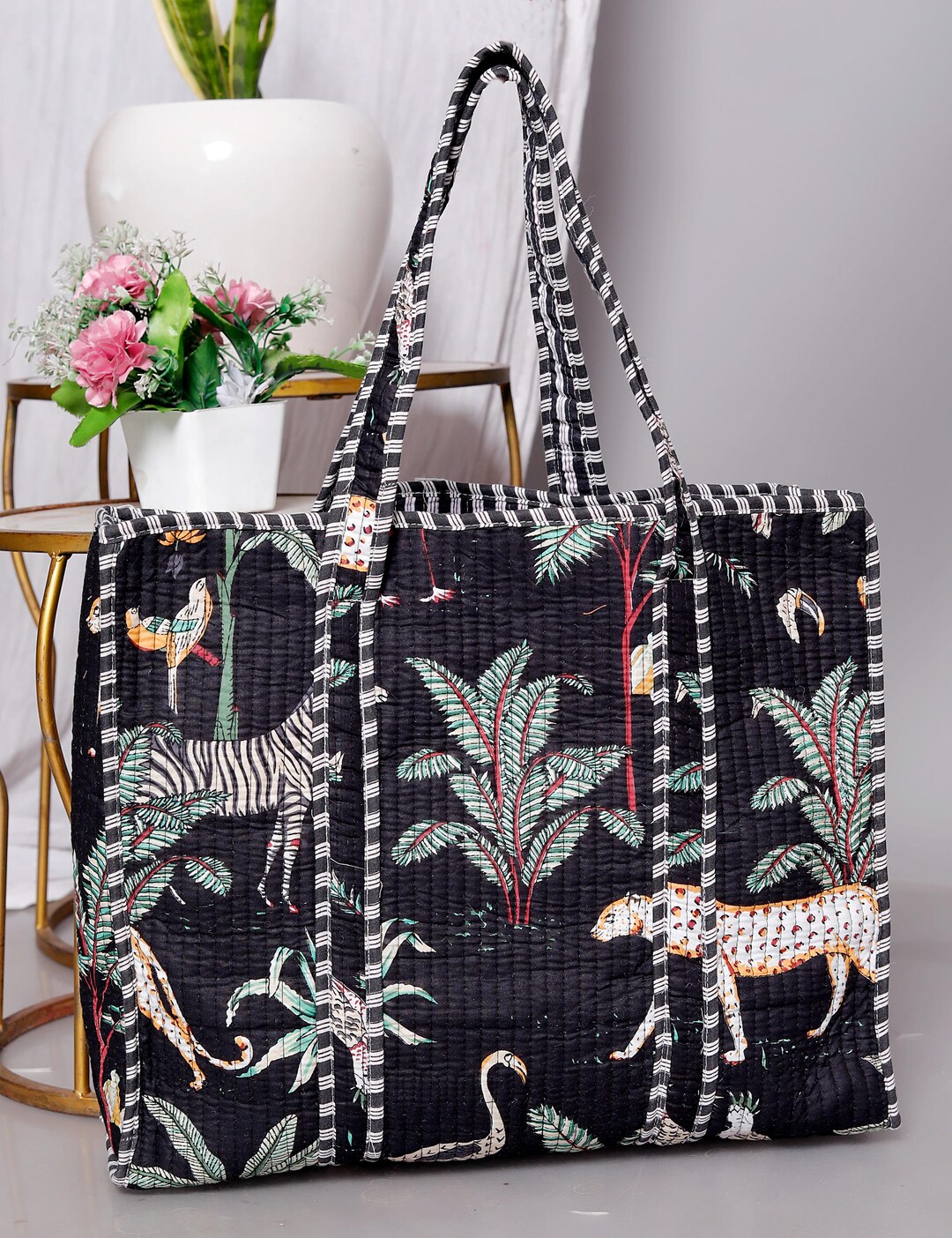 Hand Block Print Black Animal Print Indian Travel Bag With Pocket ...