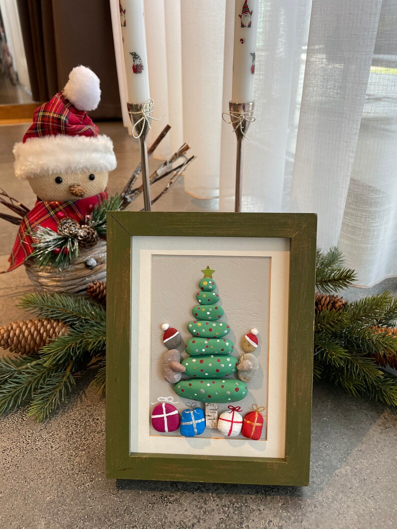 Pebble Art the Joy of Christmas,framed Painted Rocks Picture Depicting ...