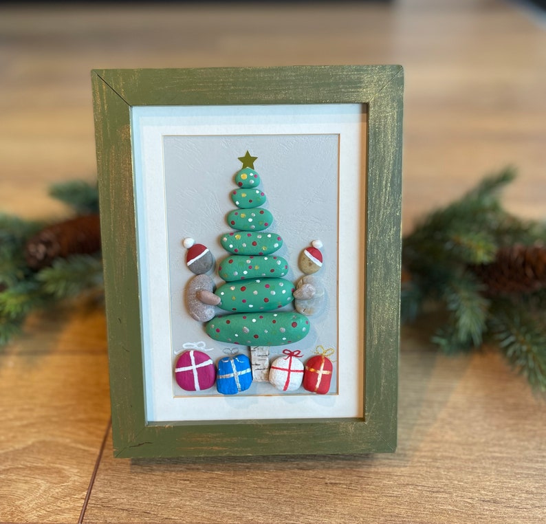 Pebble Art the Joy of Christmas,framed Painted Rocks Picture Depicting ...