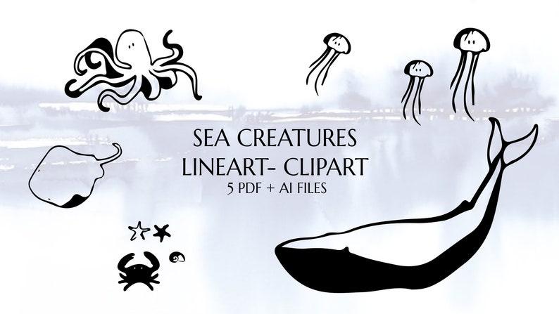 SEA CREATURES Lineart Elements - 5 Pdf + Ai Files Clip Art Designs ...