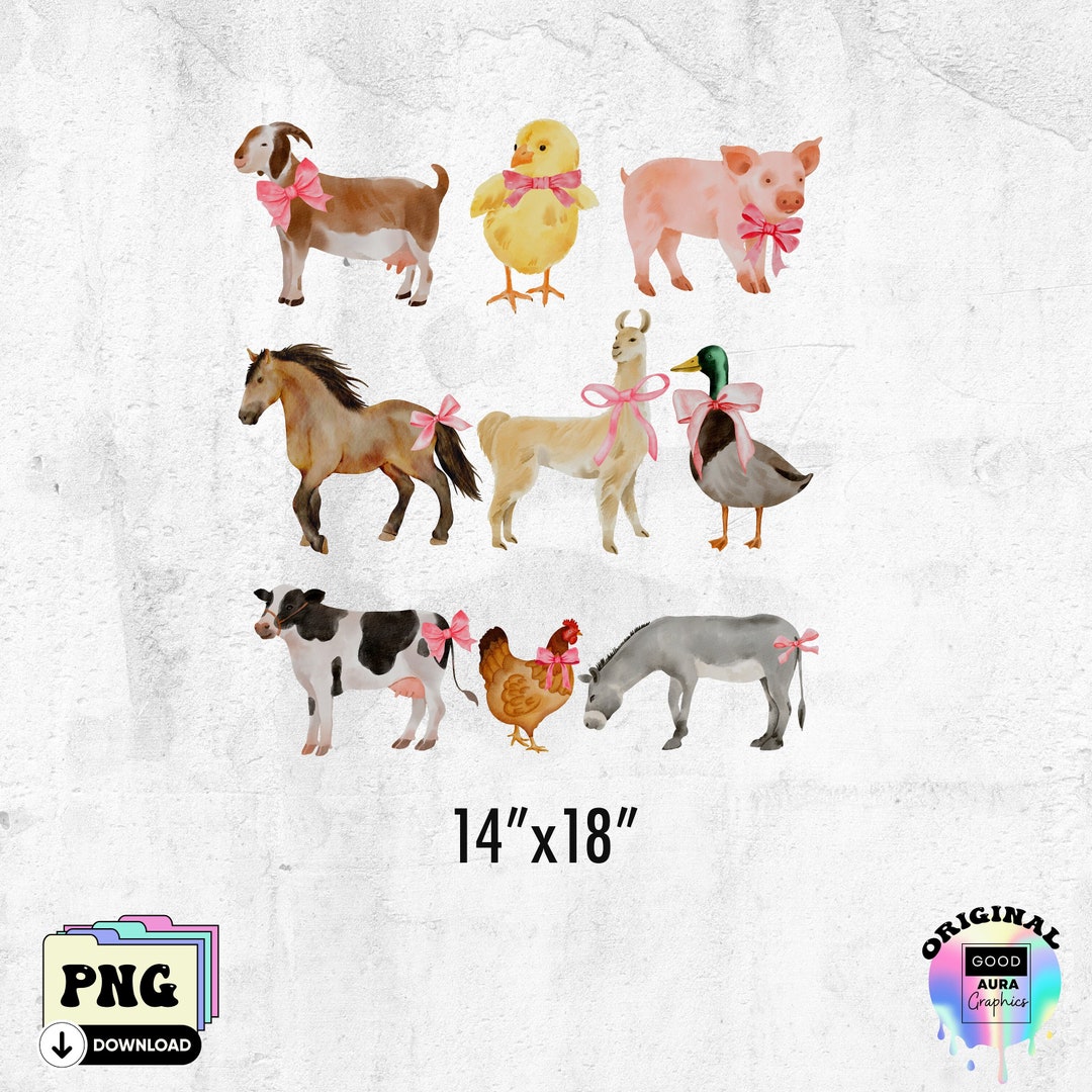 Coquette Farm Animals Sublimation, Watercolor Bow Cow Chicken Barn PNG ...