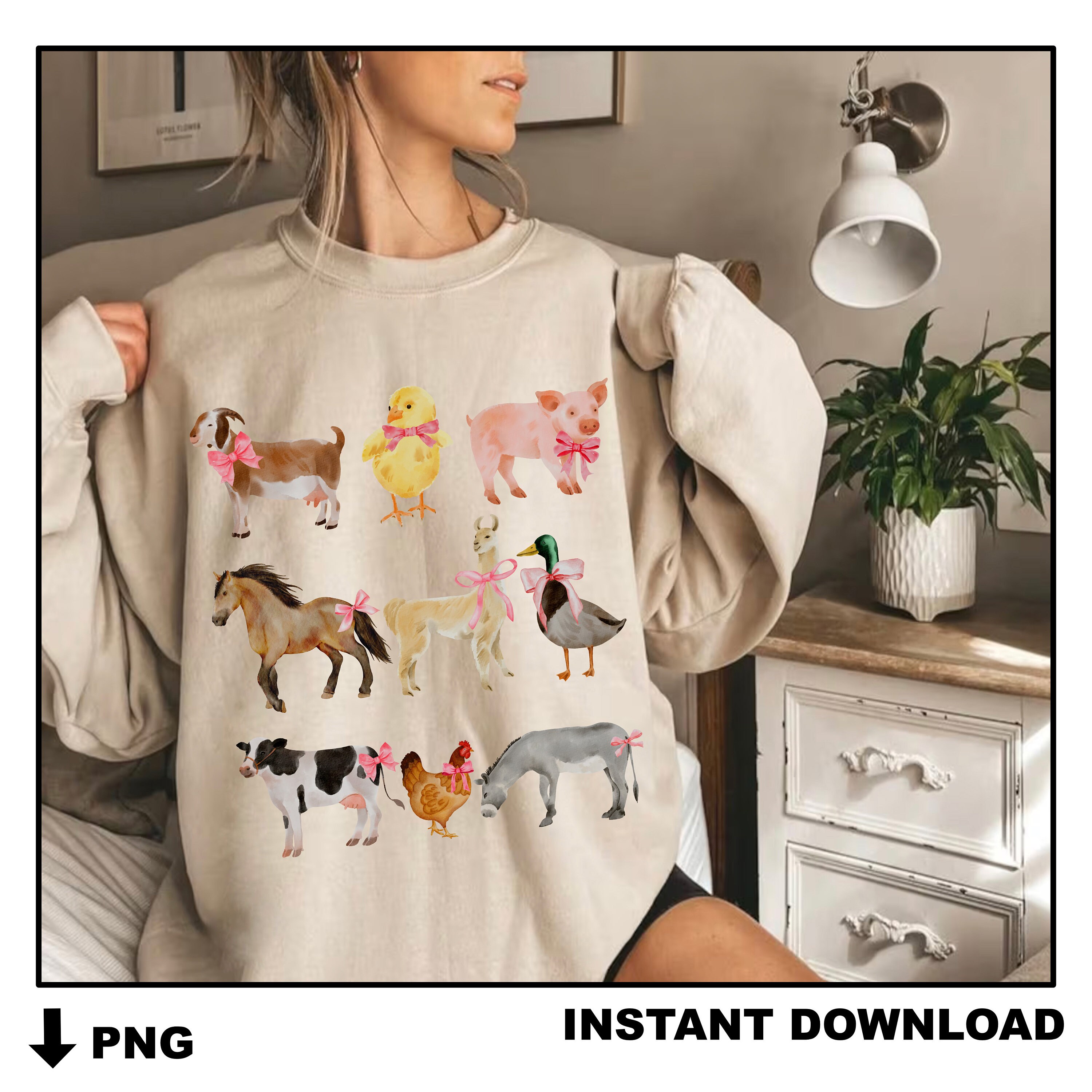 Coquette Farm Animals Sublimation, Watercolor Bow Cow Chicken Barn PNG ...