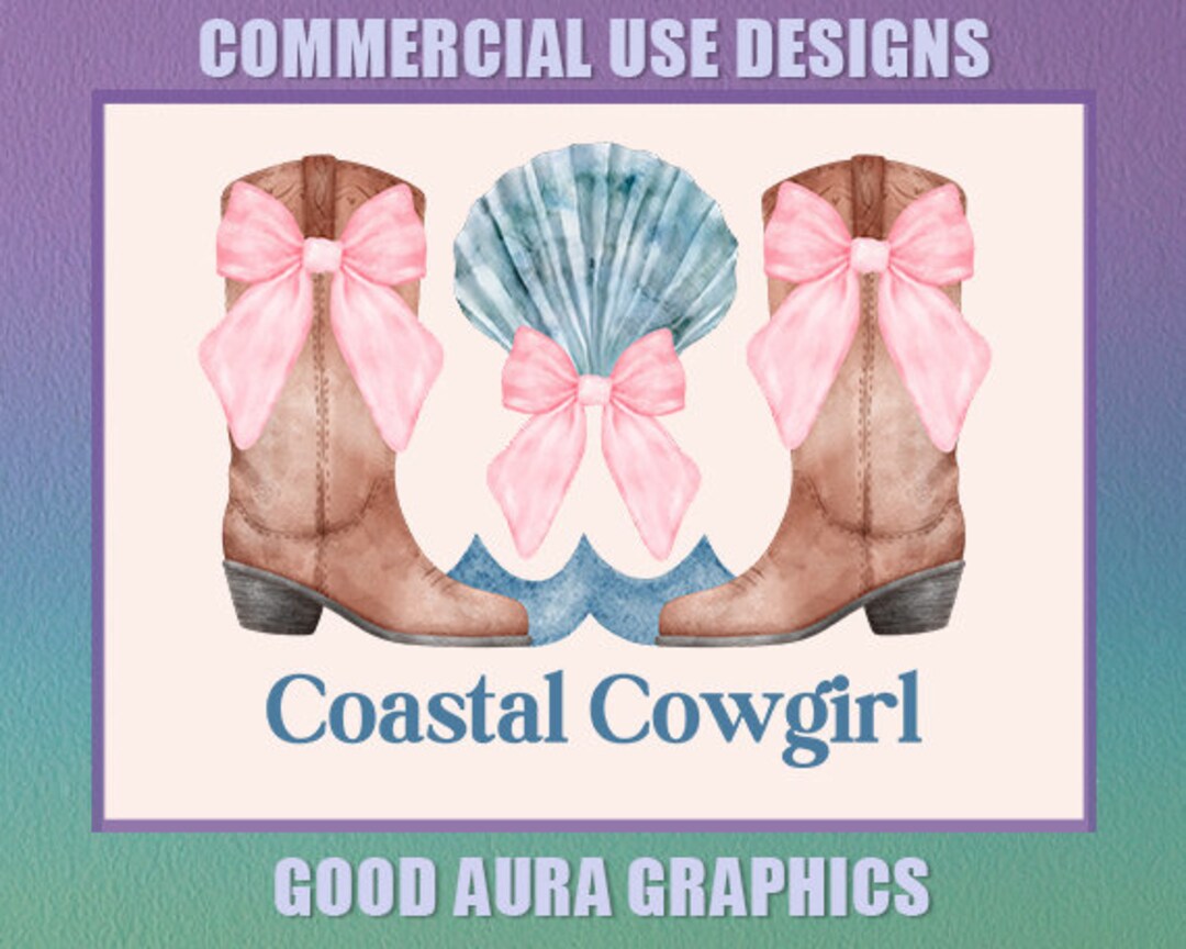 Coastal Cowgirl Watercolor Seashell Pink Coquette Bows Boots Ocean Wave ...