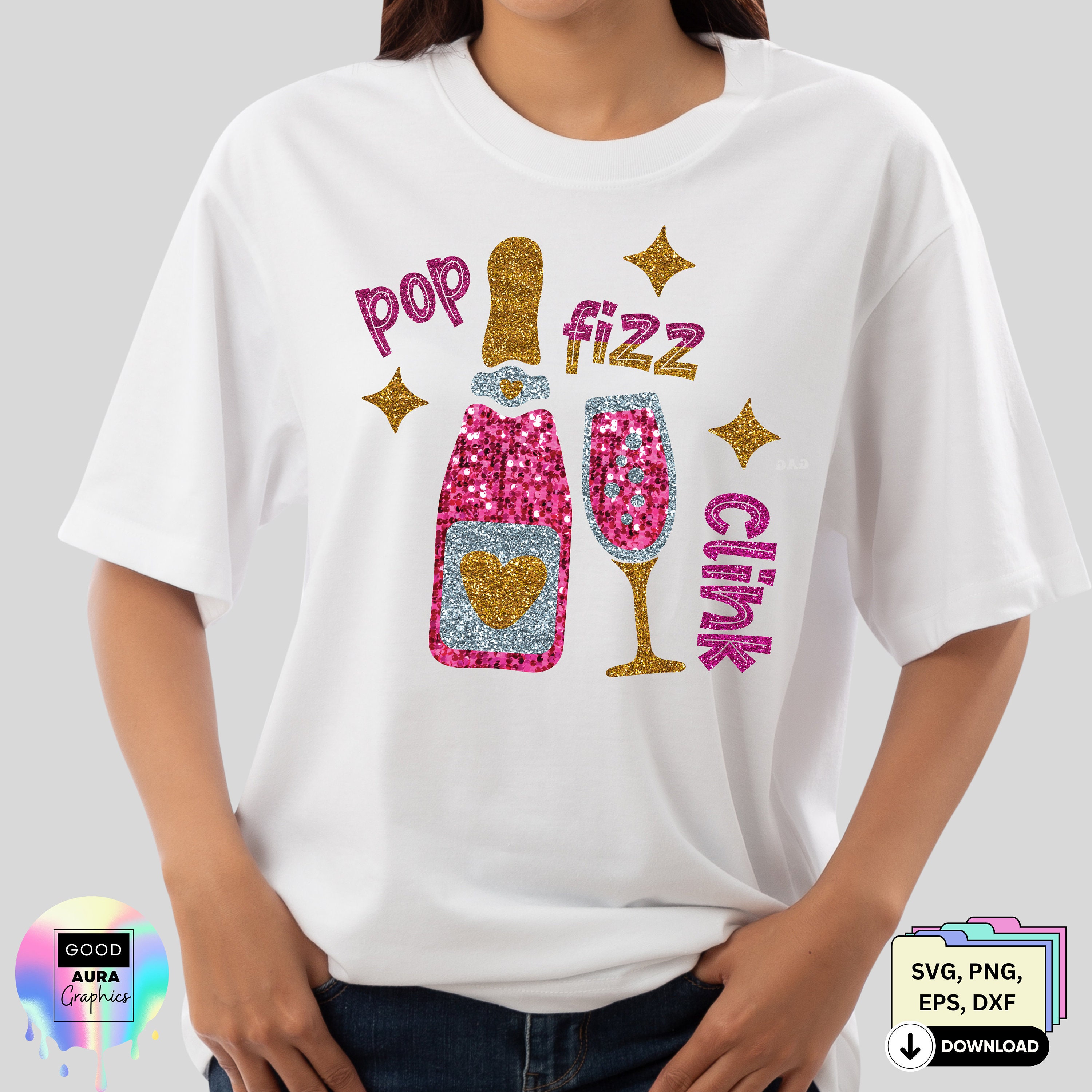 Pop Clank Fizz NYE Glitter SVG PNG Trendy Sparkly Wine Champaigne New ...