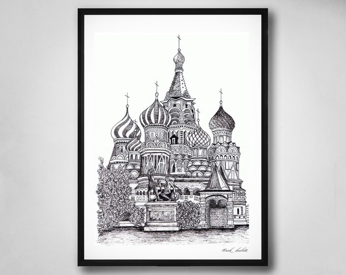 St. Basil's Cathedral, Moscow, Handmade Drawing, Fineliner ...