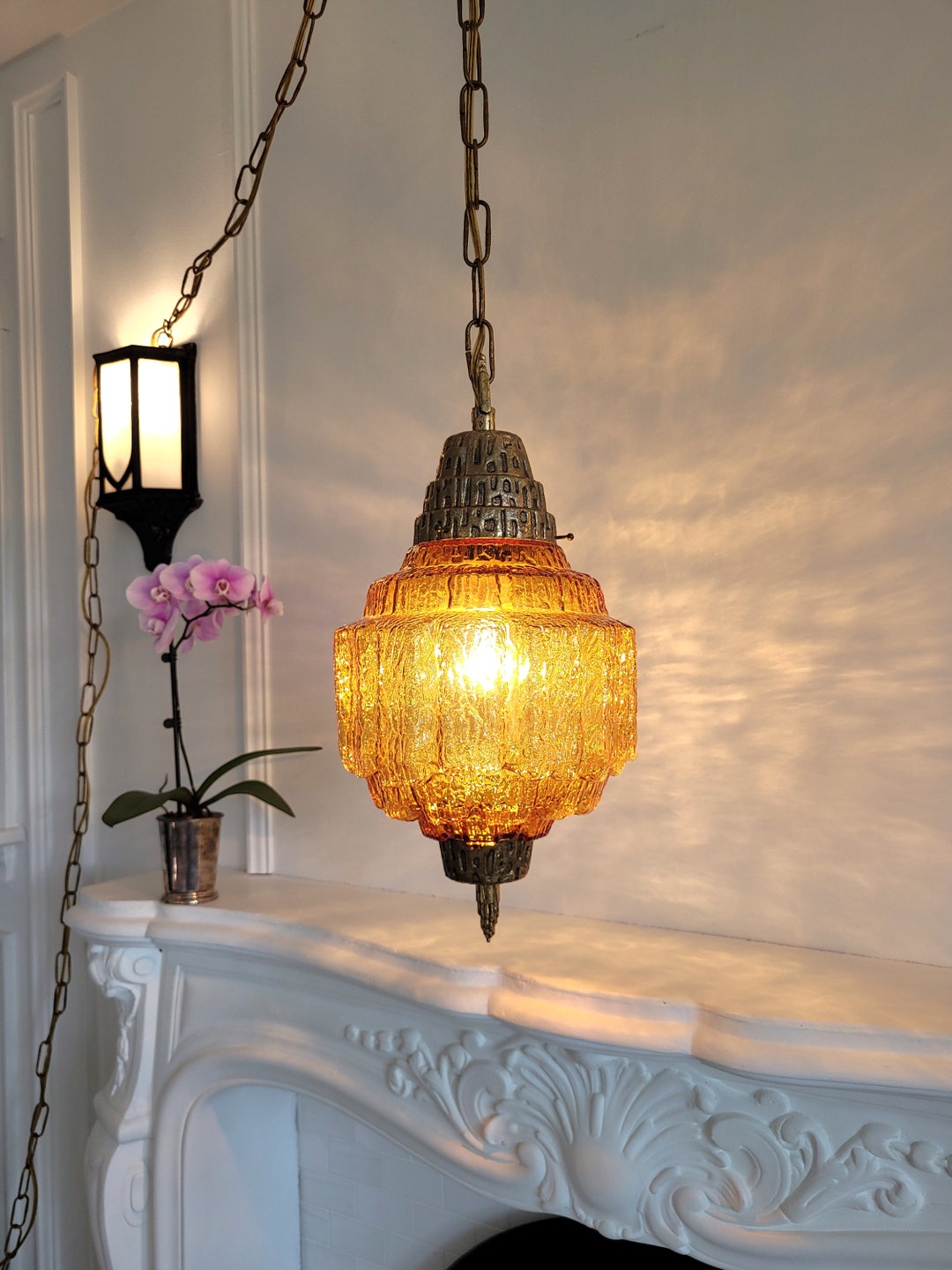 Vintage Plug-in Swag Lamp, Art Deco Steps, Mid-century Amber Glass ...