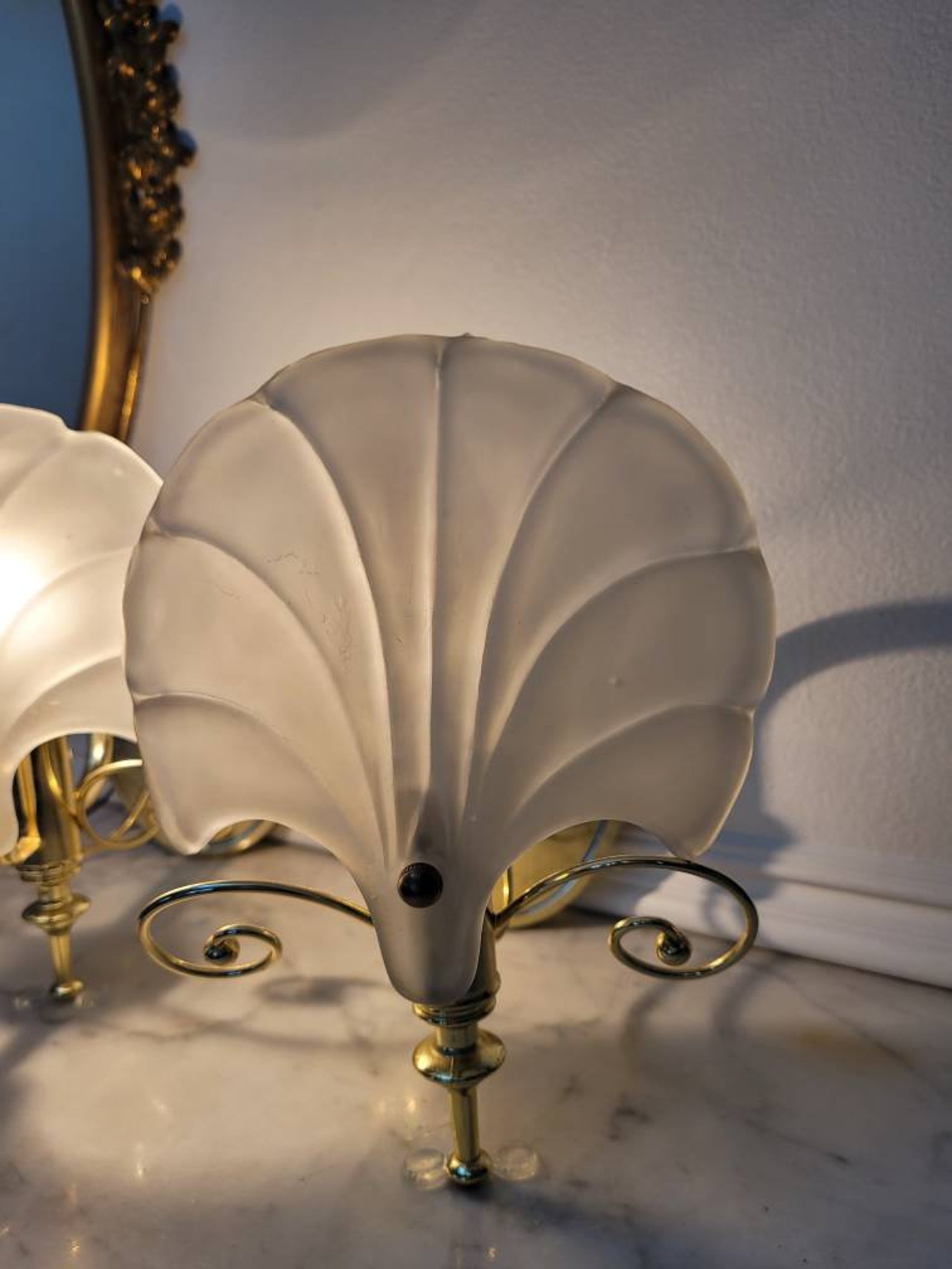 PAIR Vintage Shell Sconces Frosted Glass & Brass Art Deco - Etsy
