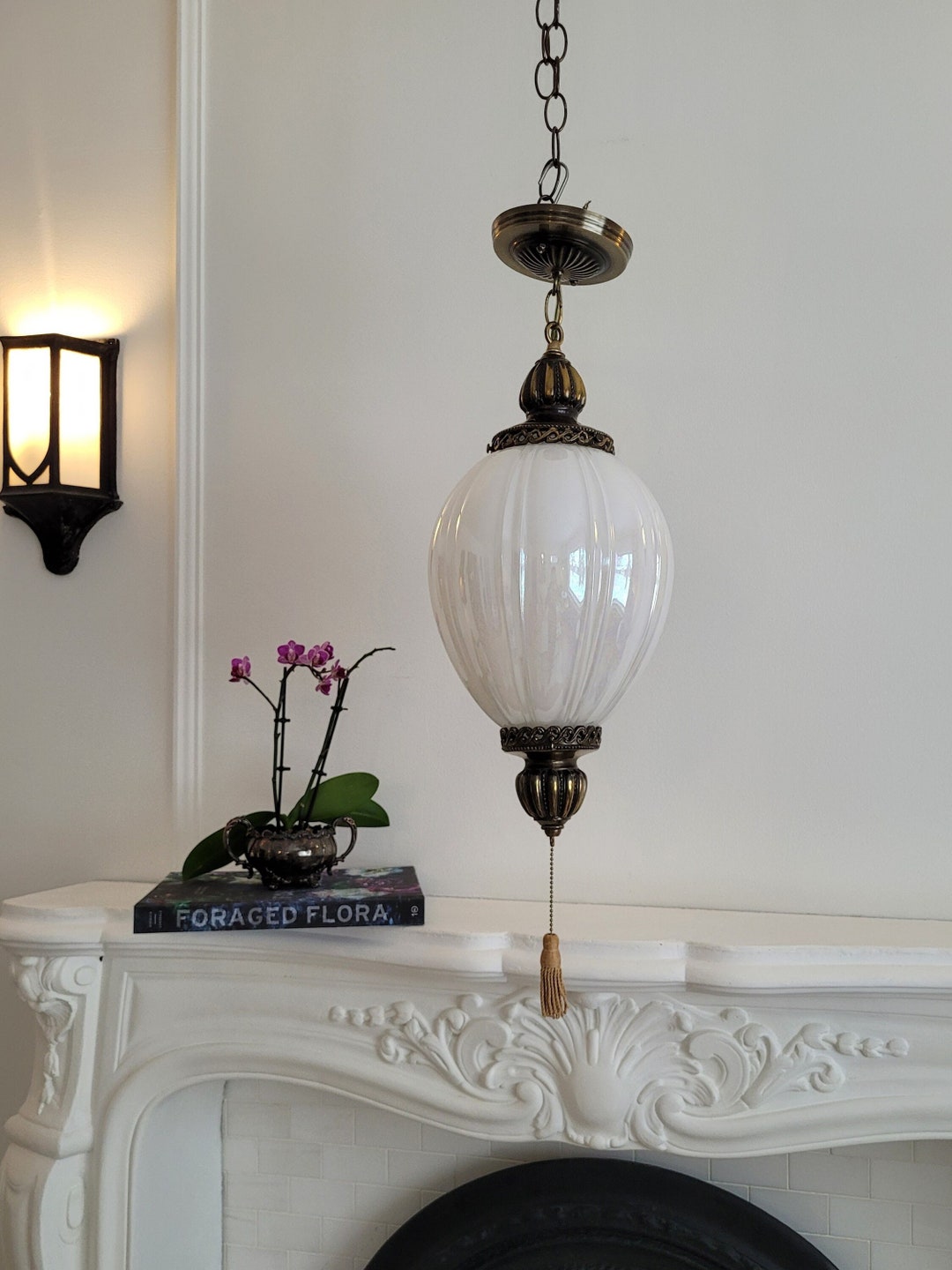 Vintage Pendant Light, Pull Switch, Hollywood Regency Fluted White ...