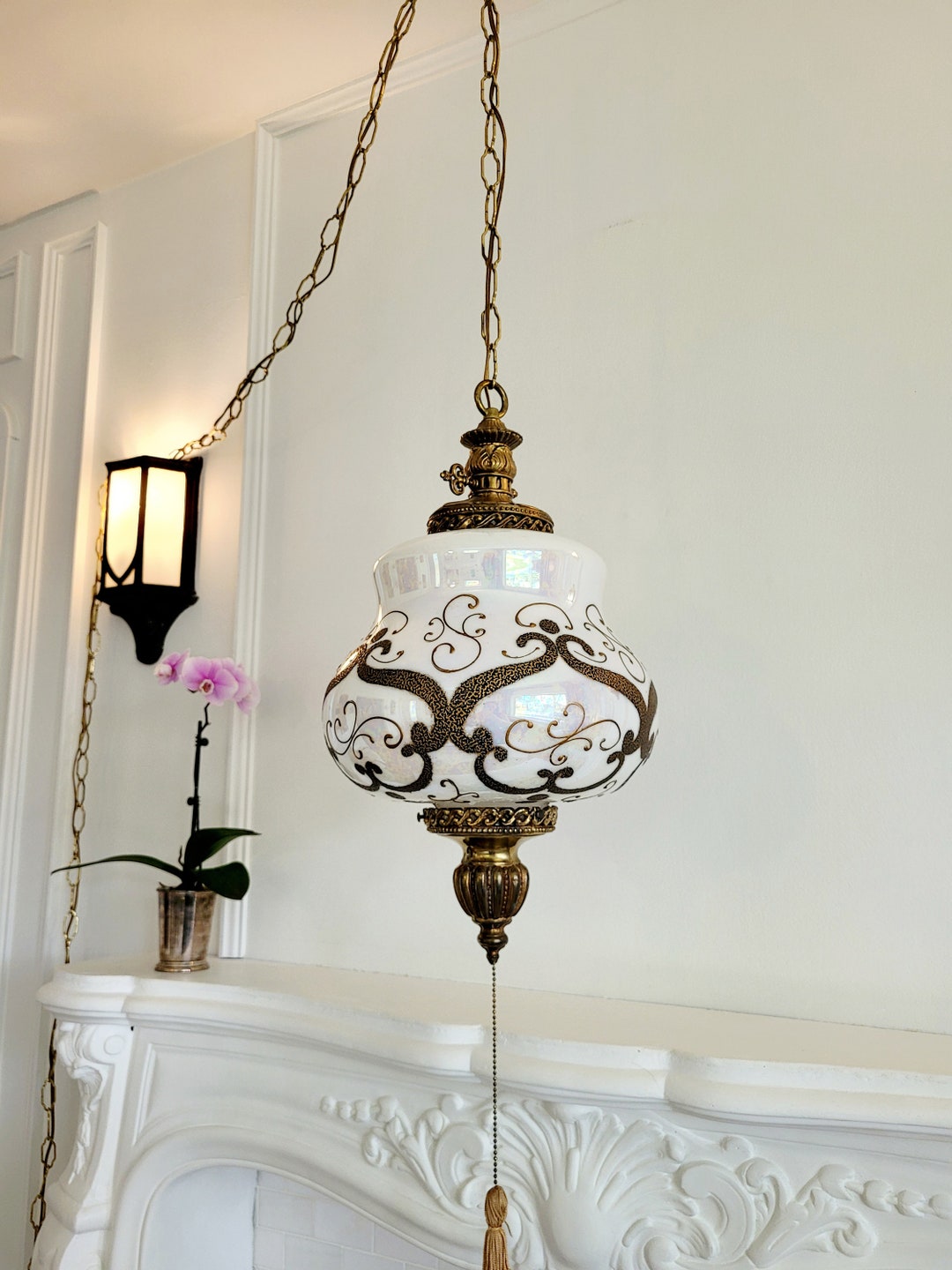 Vintage Plug-in Swag Lamp, Large Ornate Gold & White Pearl Glass ...