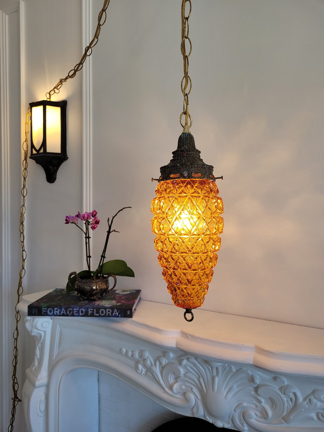 Vintage Plug-in Swag Lamp, Hollywood Regency Ornate Amber Glass ...