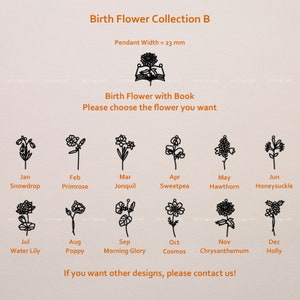 Book Necklace, Birth Flower Necklace, Bookworm Birthday Gift, 925 ...