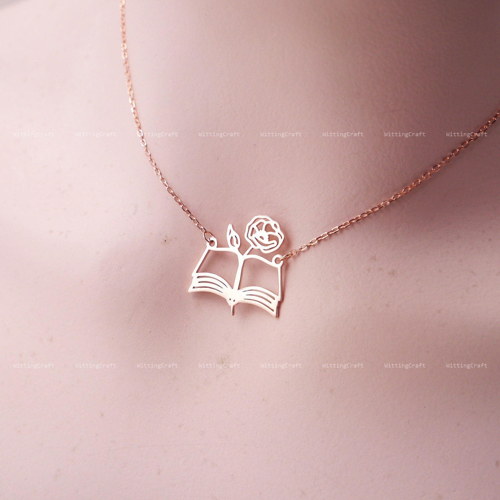 Book Necklace, Birth Flower Necklace, Bookworm Birthday Gift, 925 ...