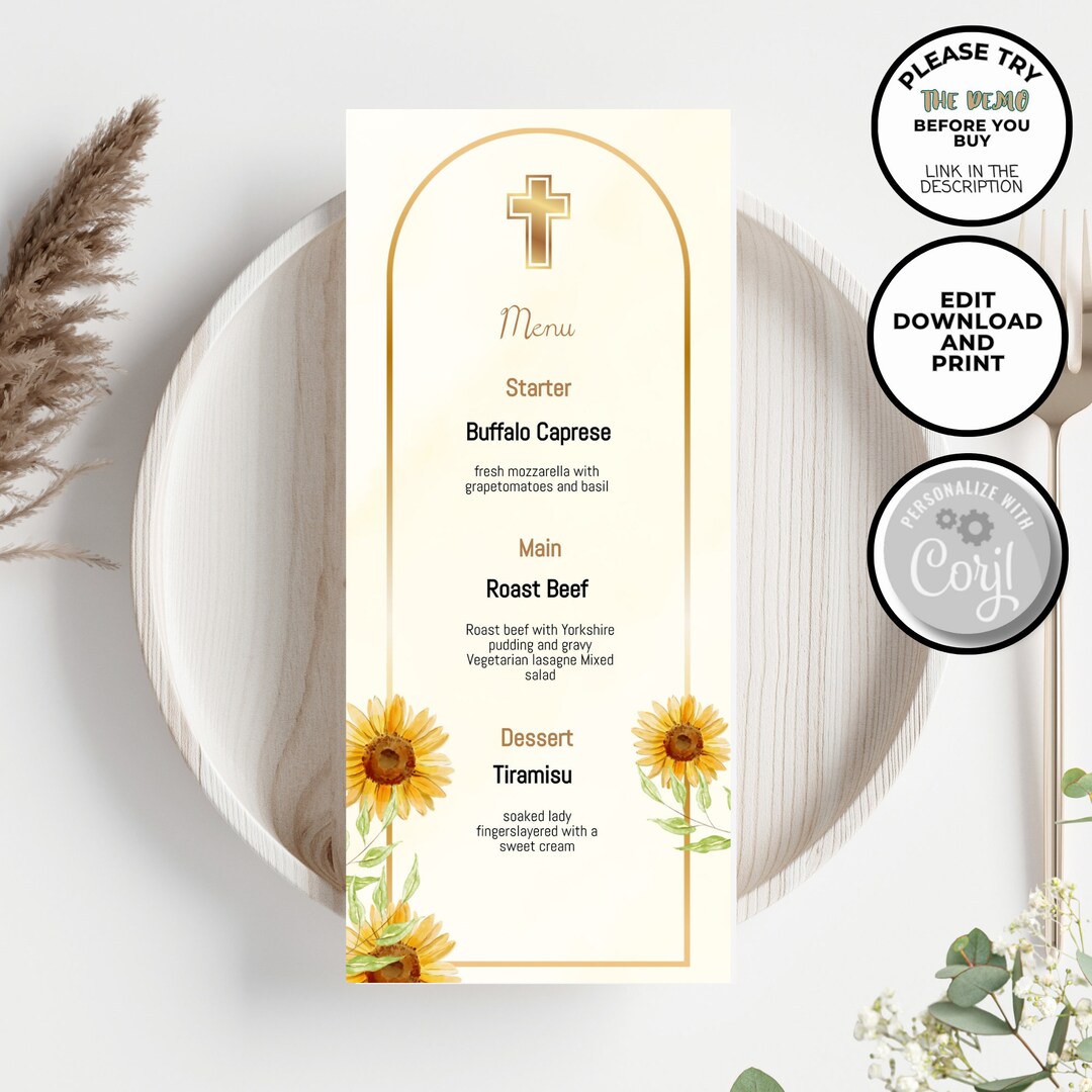 Editable Holy Communion Menu, Printable Sunflower First Communion Menu ...