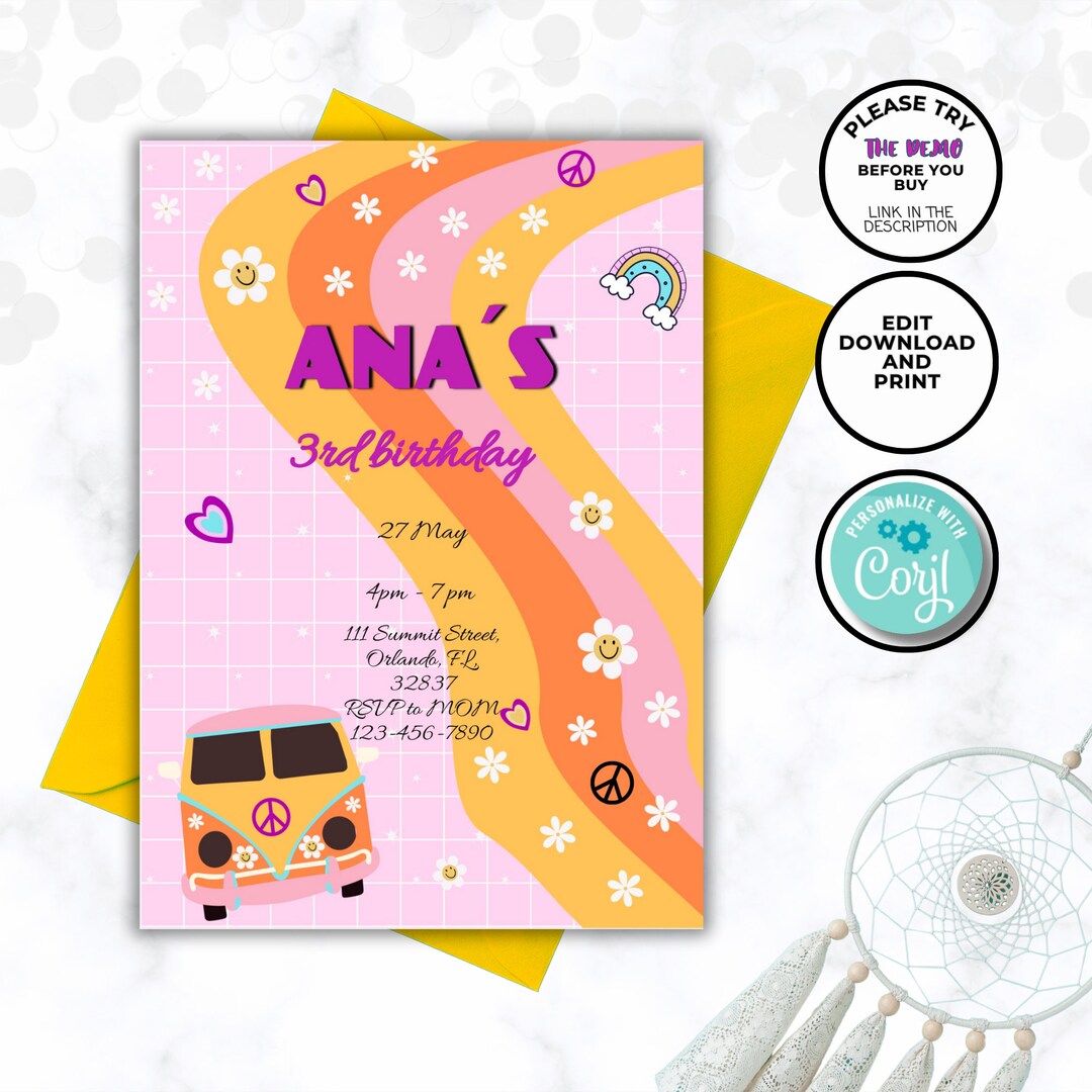 Editable Groovy Party Birthday Invitation, Printable Daisy Flower ...