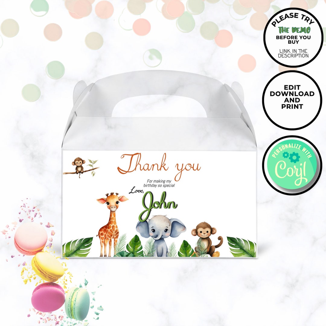Editable Wild One Gable Box Label, Customizable Safari Favor Box Label ...