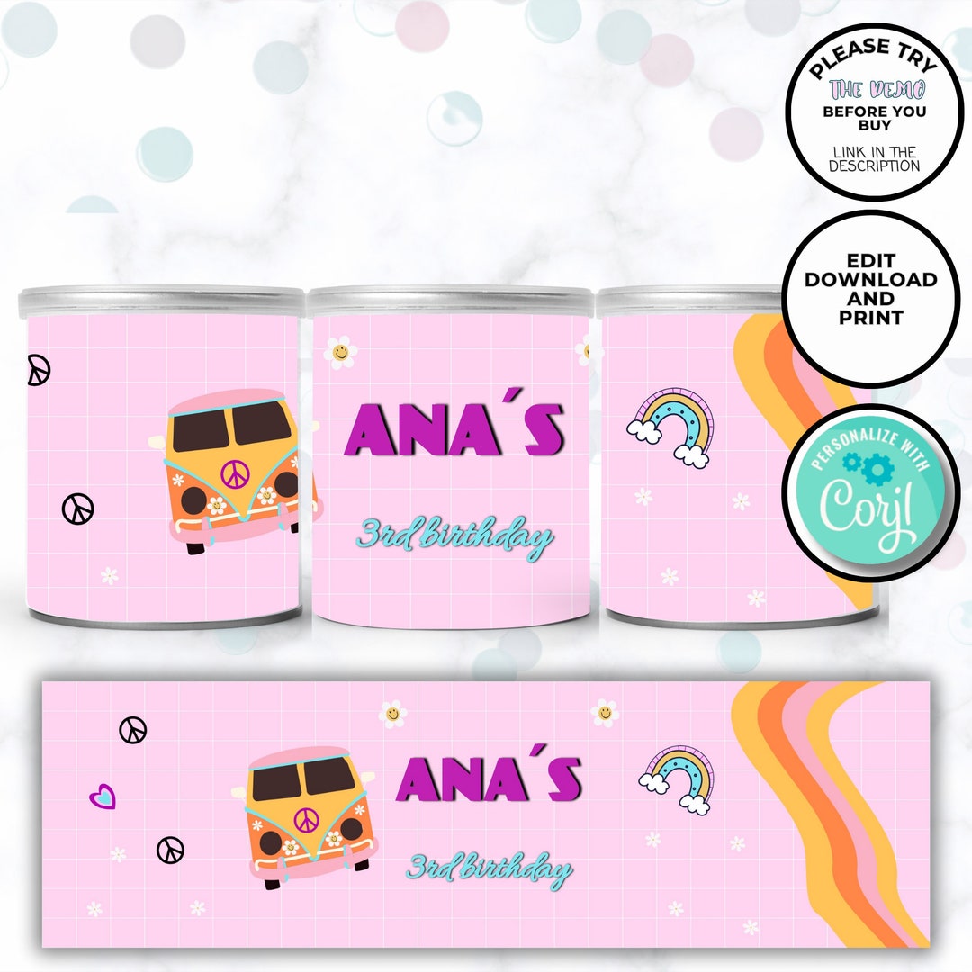 Editable Retro Groovy Birthday Potato Chips Can Label, Printable Daisy ...