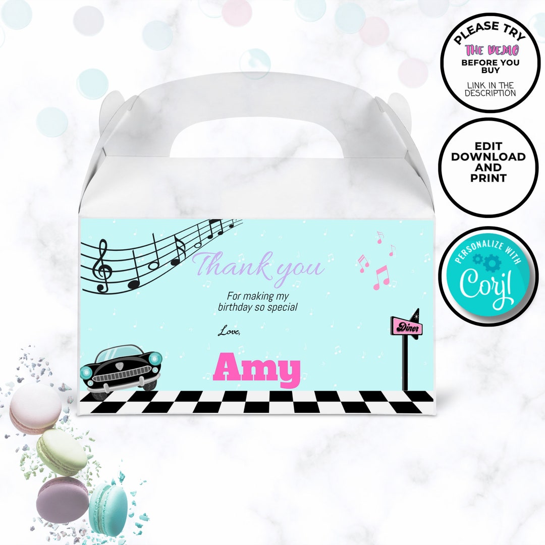 Editable Sock Hop Birthday Party Favor Box Label, Printable 50's Retro ...