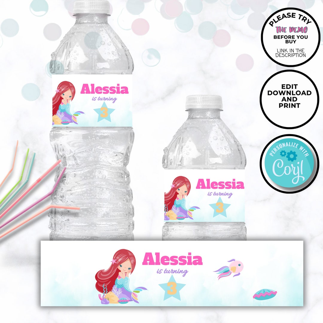 Editable Mermaid Water Bottle Label, Custom Under the Sea Birthday ...