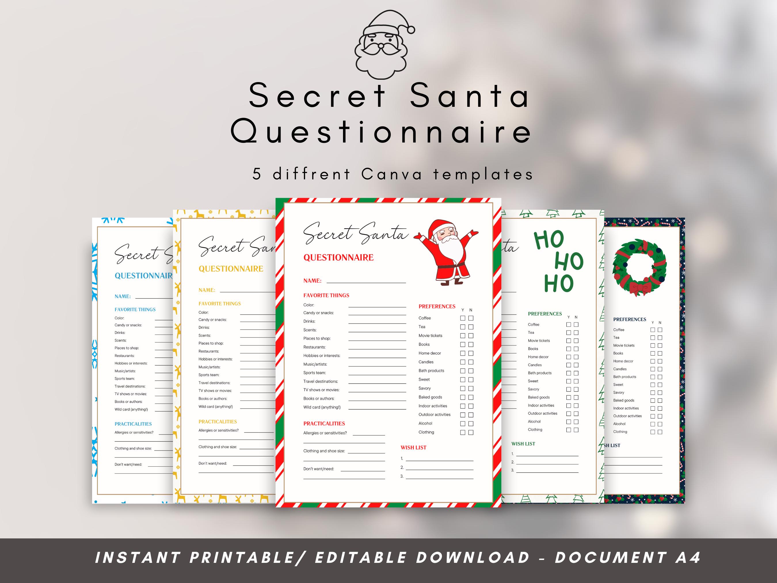 Secret Santa Questionnaire Printable, Team Building Activity, Editable ...