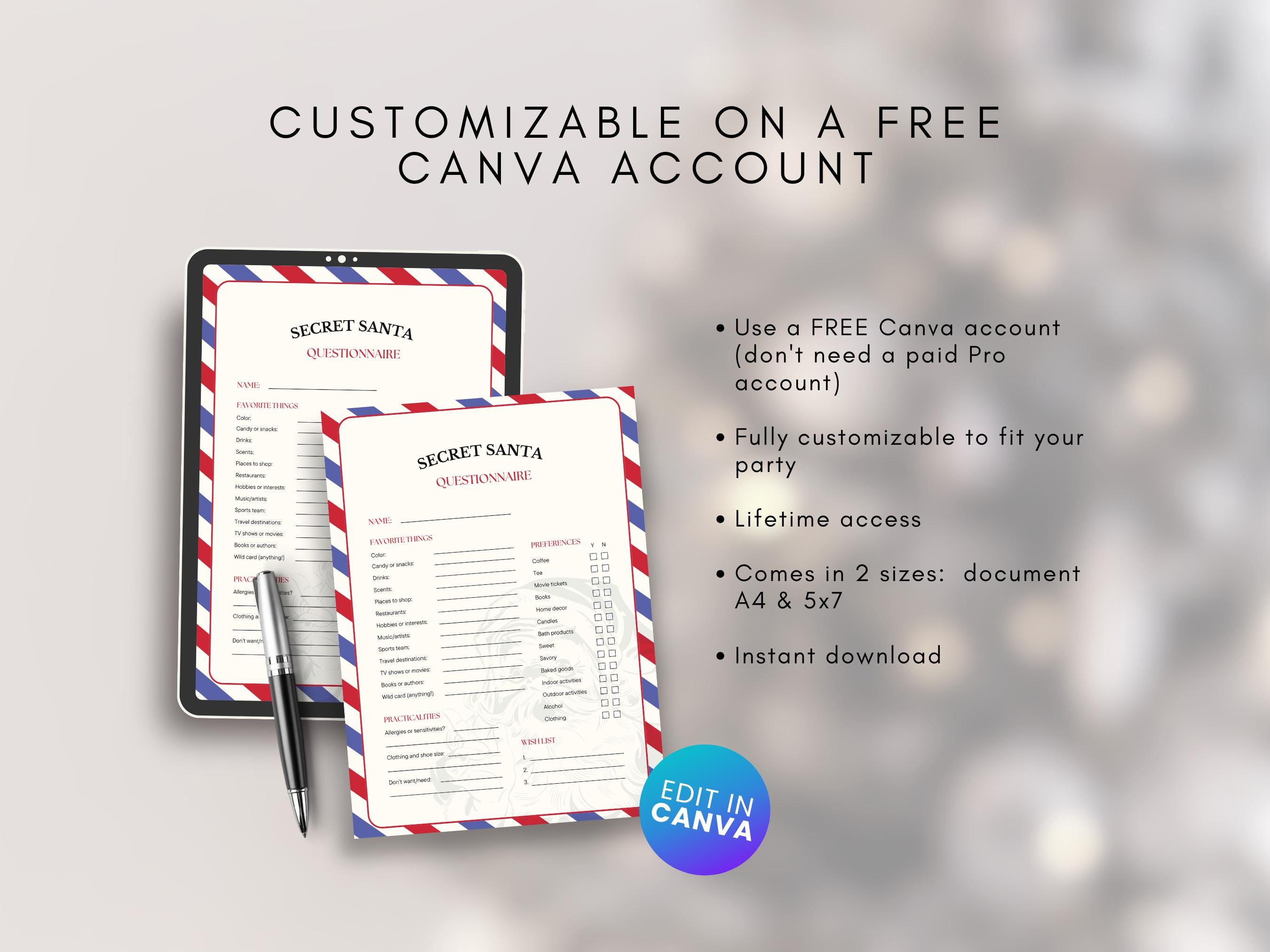 Secret Santa Questionnaire Printable, Team Building Activity, Editable ...